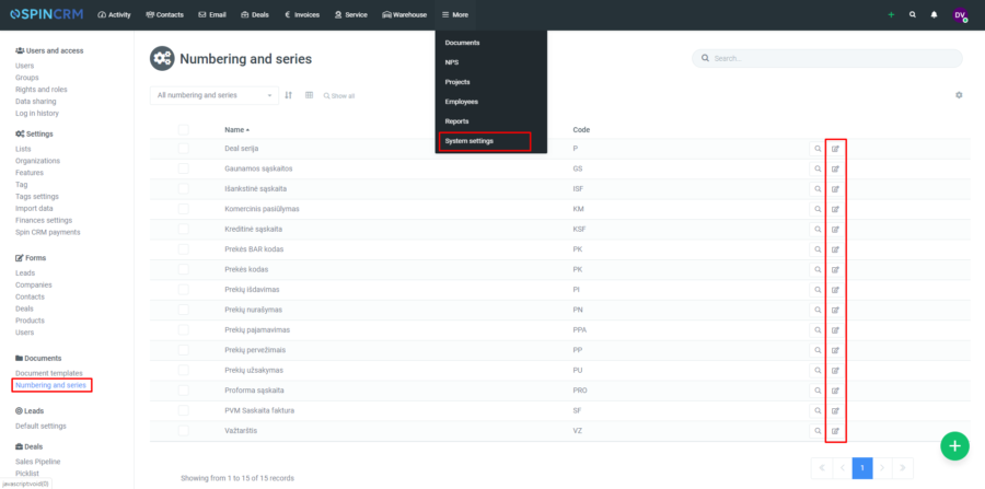 Document numbering and series - Spin CRM